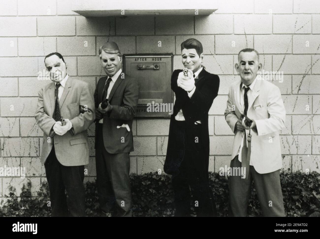 Los Angeles, CA, USA. The Ex-Presidents in masks with the faces of ...
