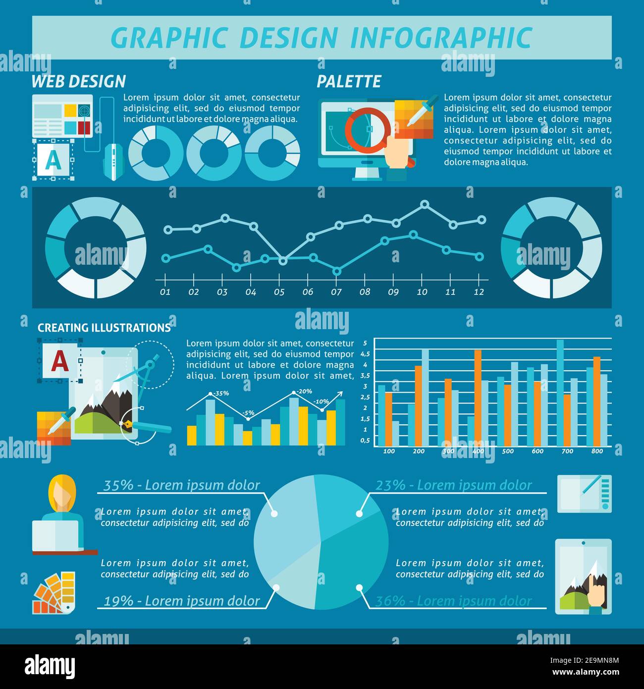 Grafik Design Infografik Set mit Kunst Web Studio Arbeit Symbole Und ...
