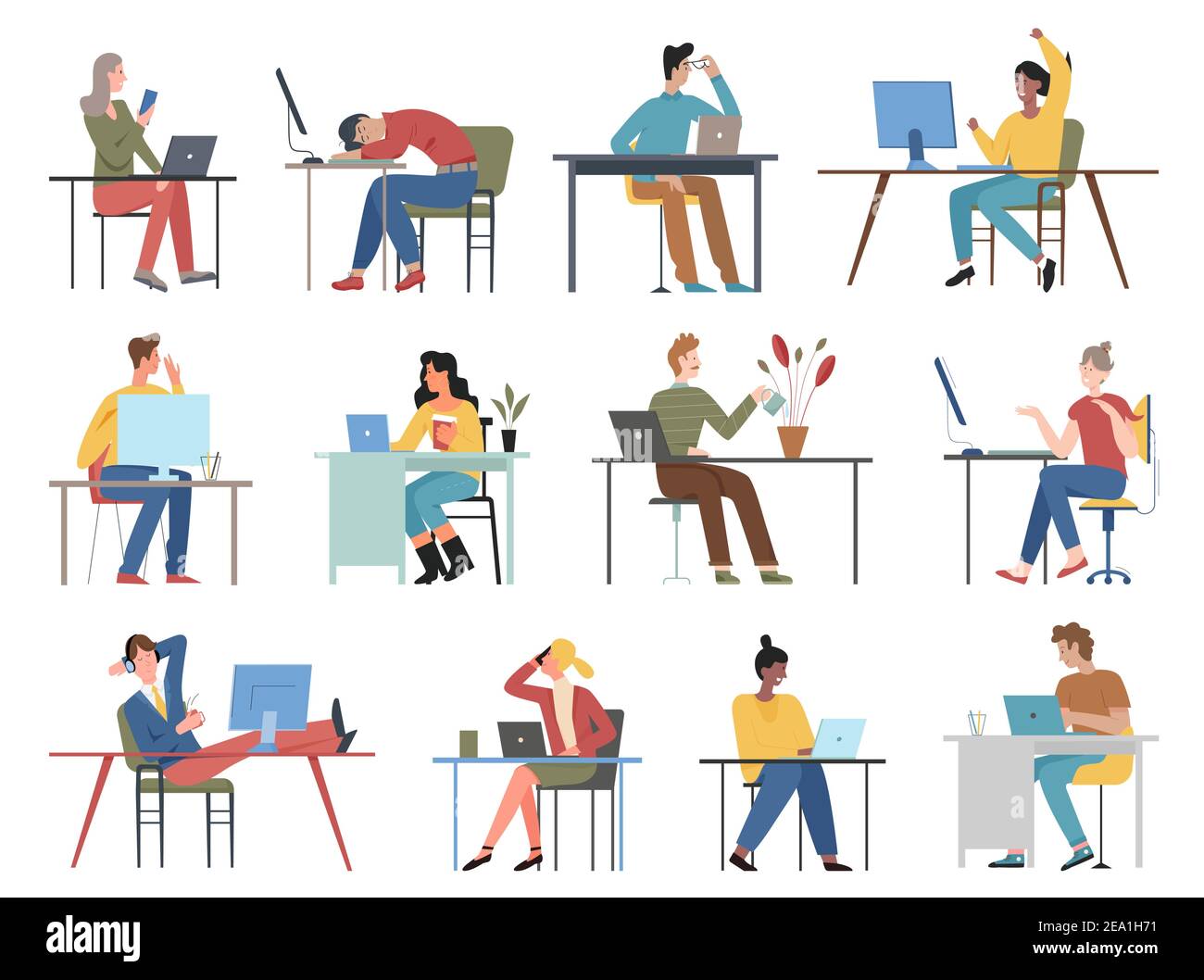 Menschen sitzen am Tisch Posen Vektor Illustration Set. Cartoon Mann ...