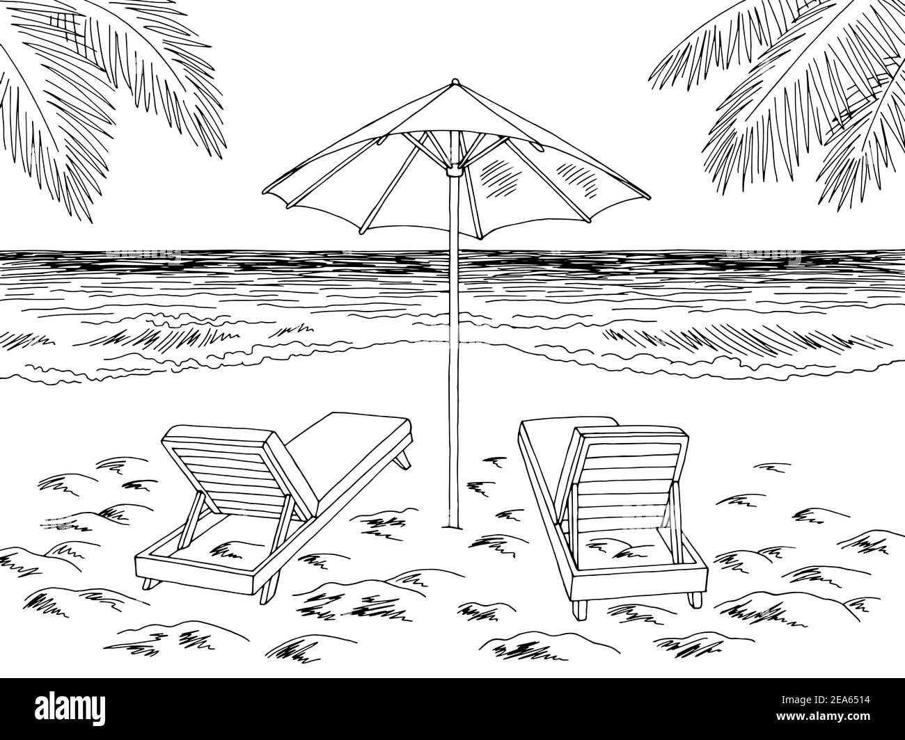 Küste Strand Grafik schwarz weiß Landschaft Skizze Illustration Vektor ...