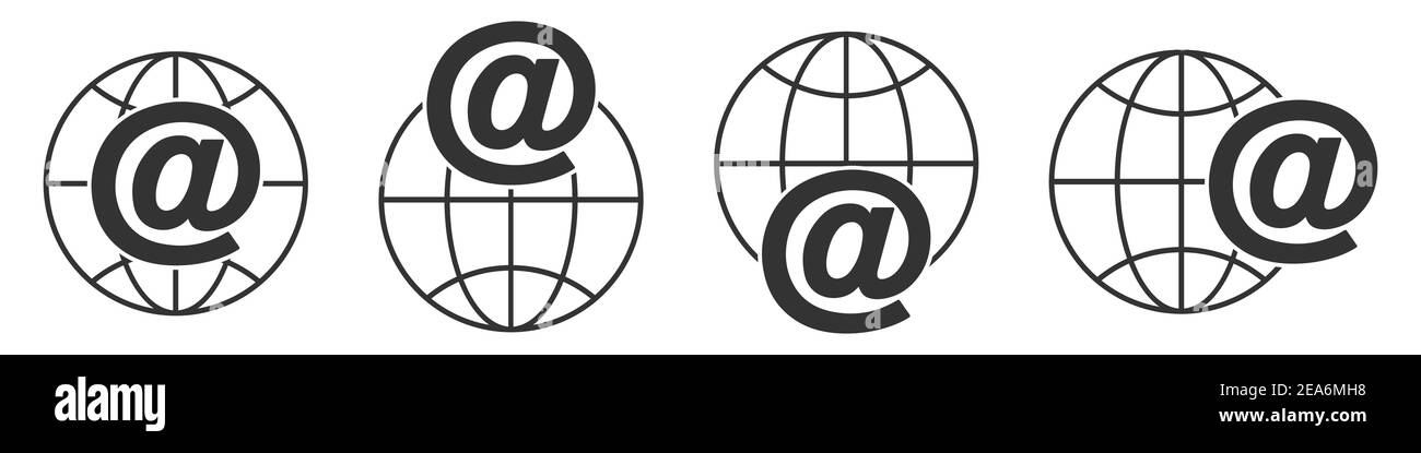 Planet Erde-Symbol mit Mail-Symbolen. Satz linearer Globussymbole ...