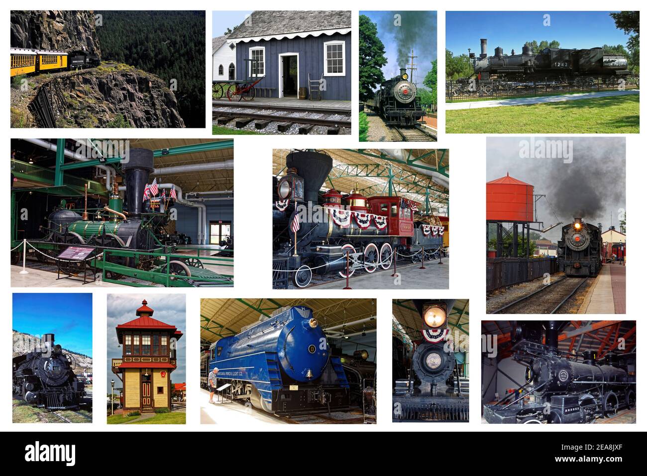 Alte Züge Collage, 12 Fotos, antike Züge, Motoren, Bahnhofsgebäude ...