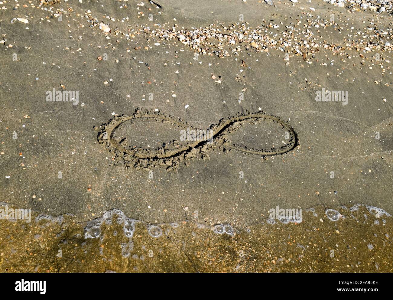 Das Zeichen der Unendlichkeit auf das Meer. Küsten Sand am Strand. Das ...