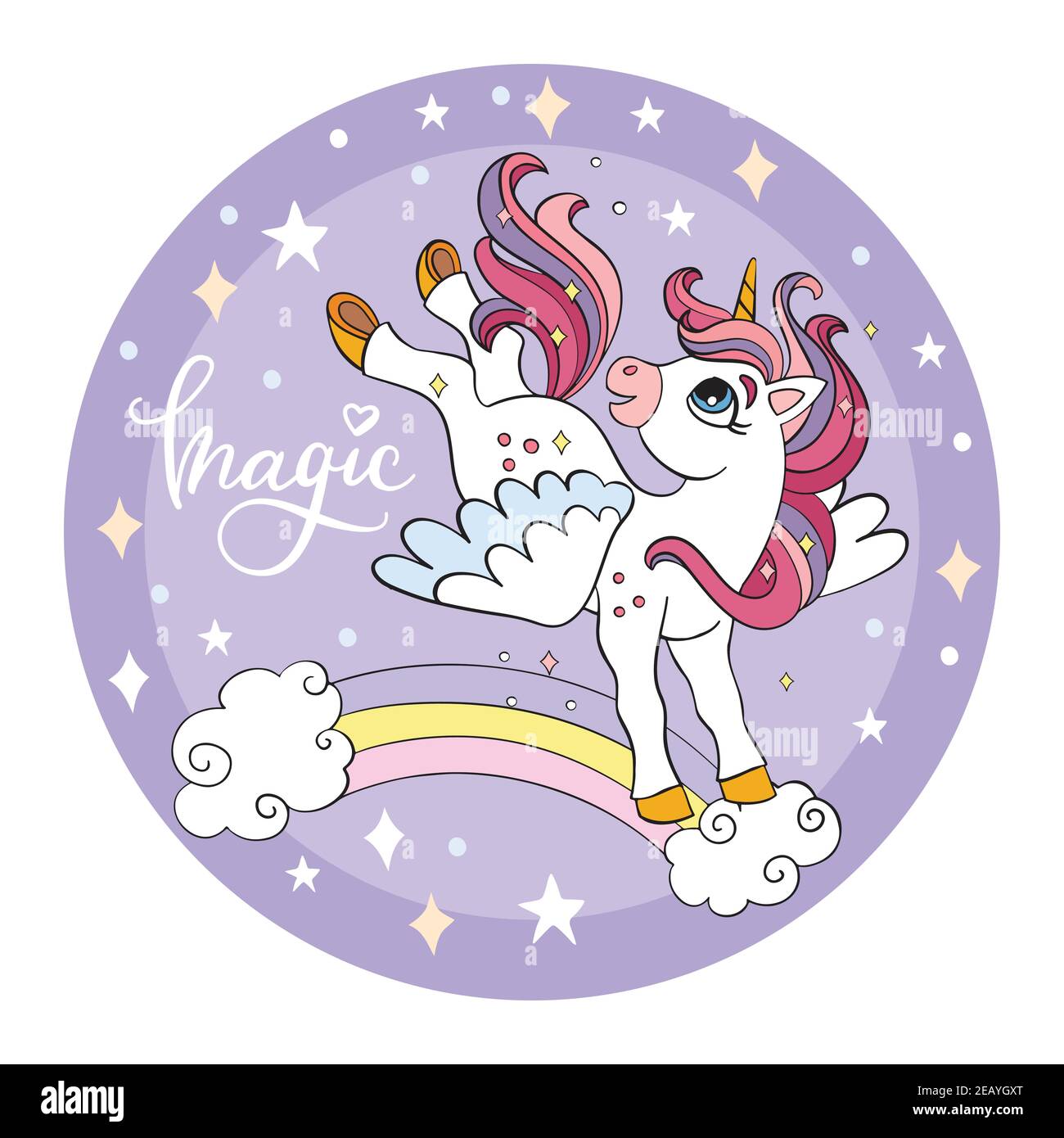 Nette Cartoon Einhorn springen auf Regenbogen. Vektor isolierte ...