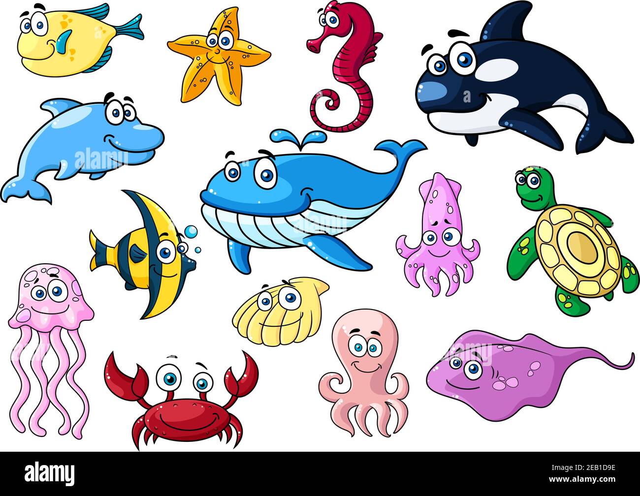 Cartoon Meerestiere mit glücklichen Emotionen isoliert auf weiß für ...