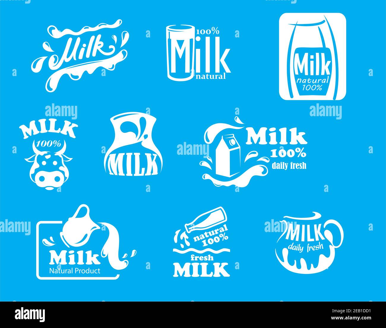 Blaue und weiße Milchsymbole, Symbole oder Logos für die Gestaltung von ...
