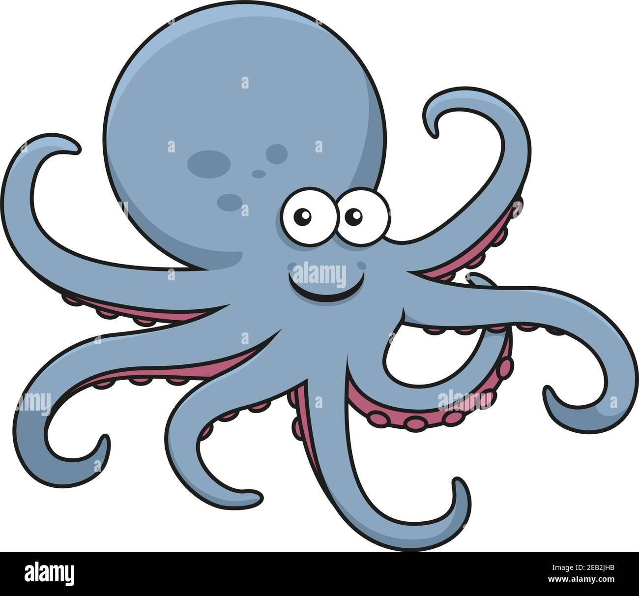 Blaue Krake Cartoon-Figur mit großen runden Kopf und gebogenen ...