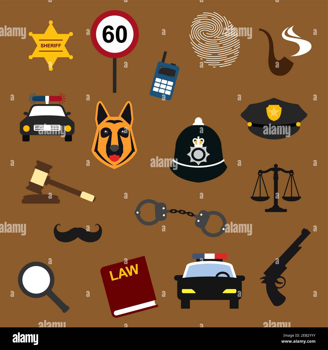 Polizei, Gesetz und Gerechtigkeit flache Symbole mit Handschellen Auto ...