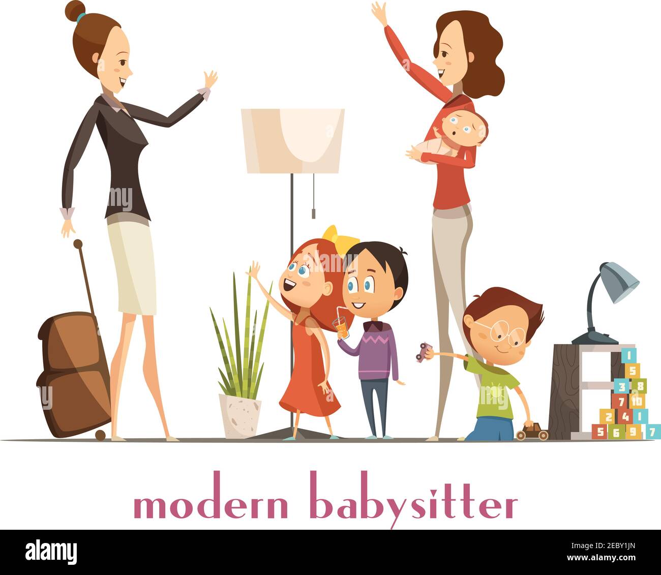 Moderne stilvolle Babysitter Kindermädchen hält Baby spielen mit ...