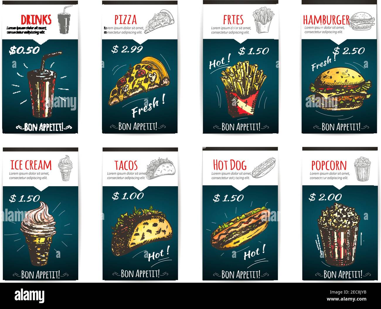 Fastfood-Poster mit Beschreibung und Preisschild. Farbskizze Symbole ...