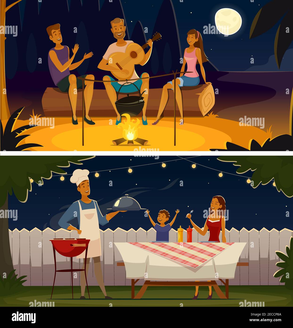 Sommernacht Grillparty 2 Retro Cartoon Banner mit Grill Festliche ...