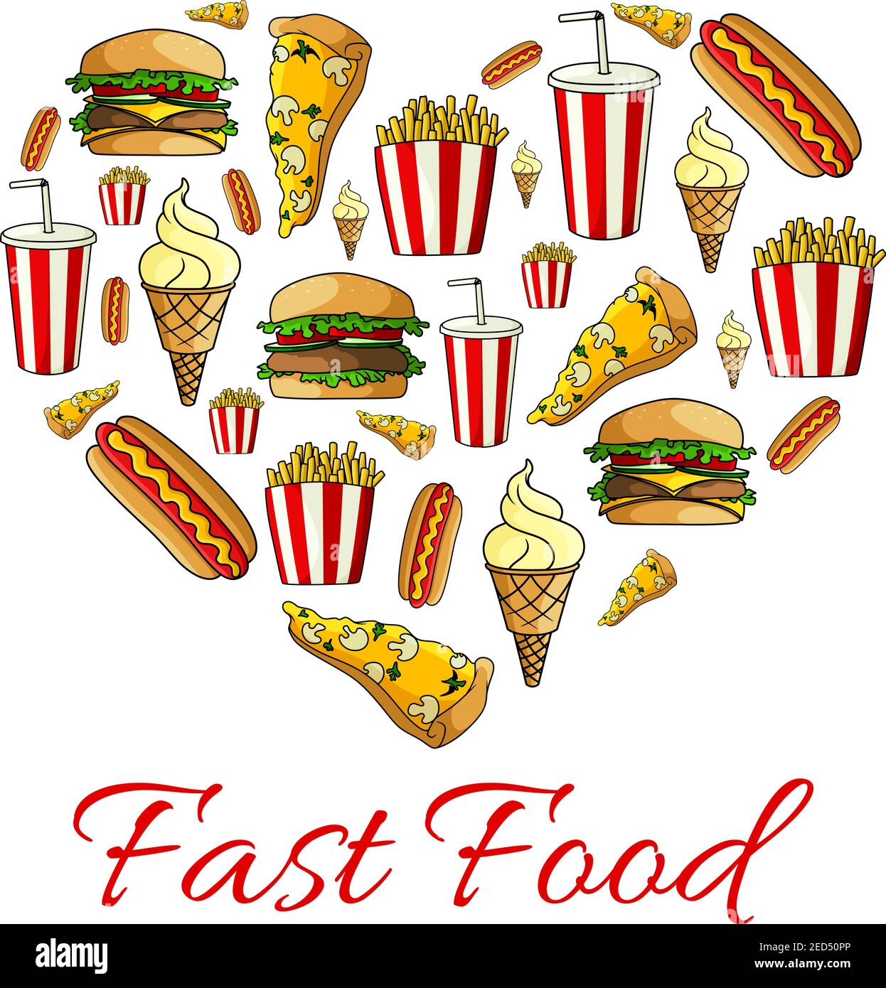 Fastfood-Poster. Herz-Form Symbol der Vektor Cheeseburger Sandwich ...