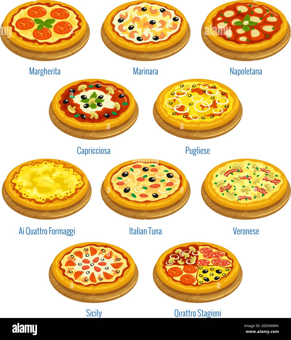 Pizza-Symbole. Elemente der Speisekarte der Pizzeria. Vector Pizzaarten ...