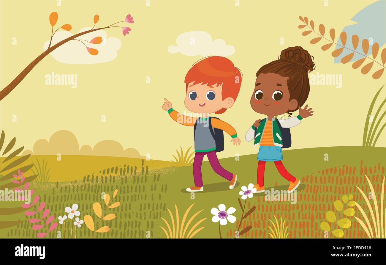 Back School Cartoon Kids Walking Stockfotos und -bilder Kaufen - Alamy