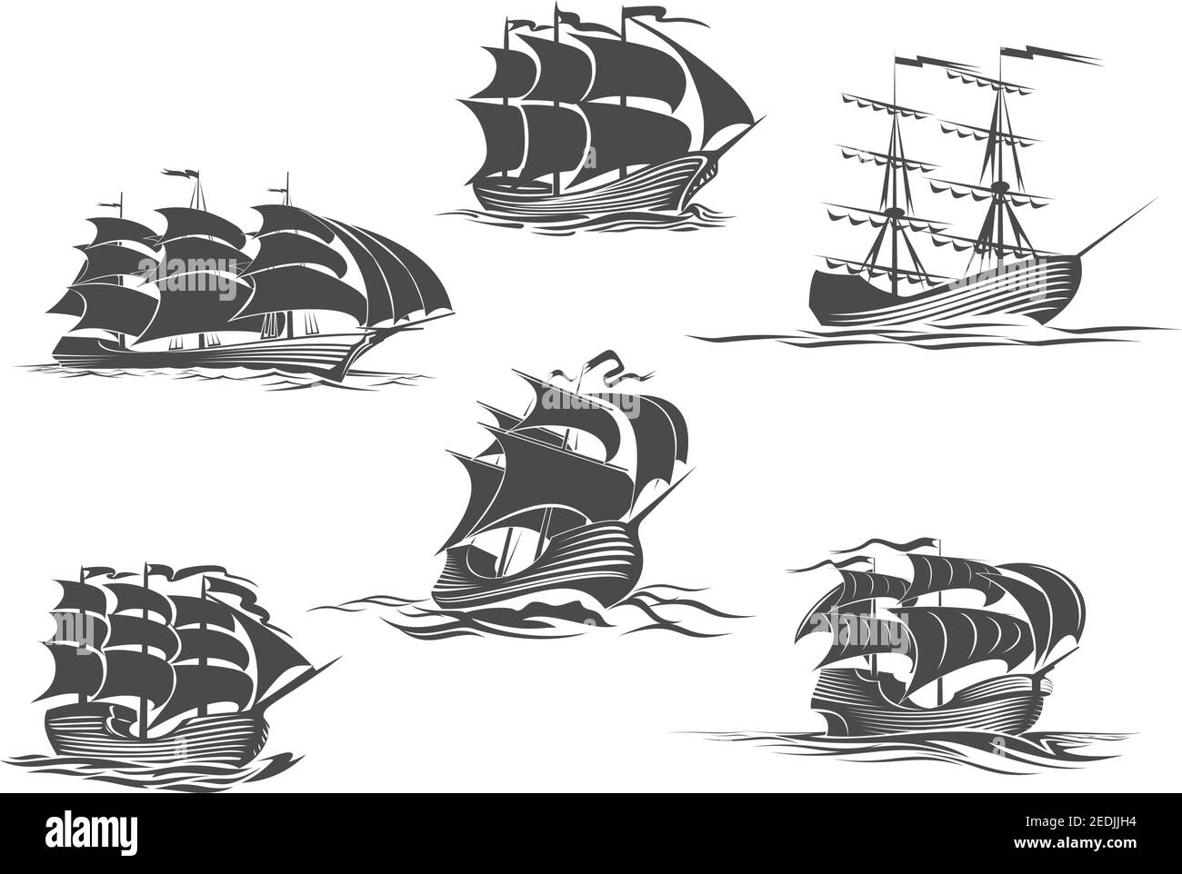 Segelschiff, Segelboot, Yacht und Brigantine isoliert Icon Set. Altes ...
