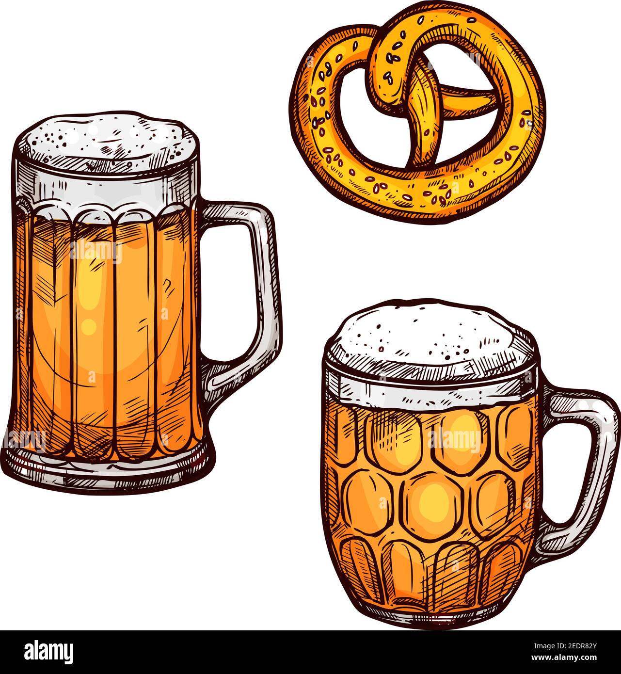 Bier und Brezel isoliert Skizze. Bierkrug und Tankard mit bayrischer ...