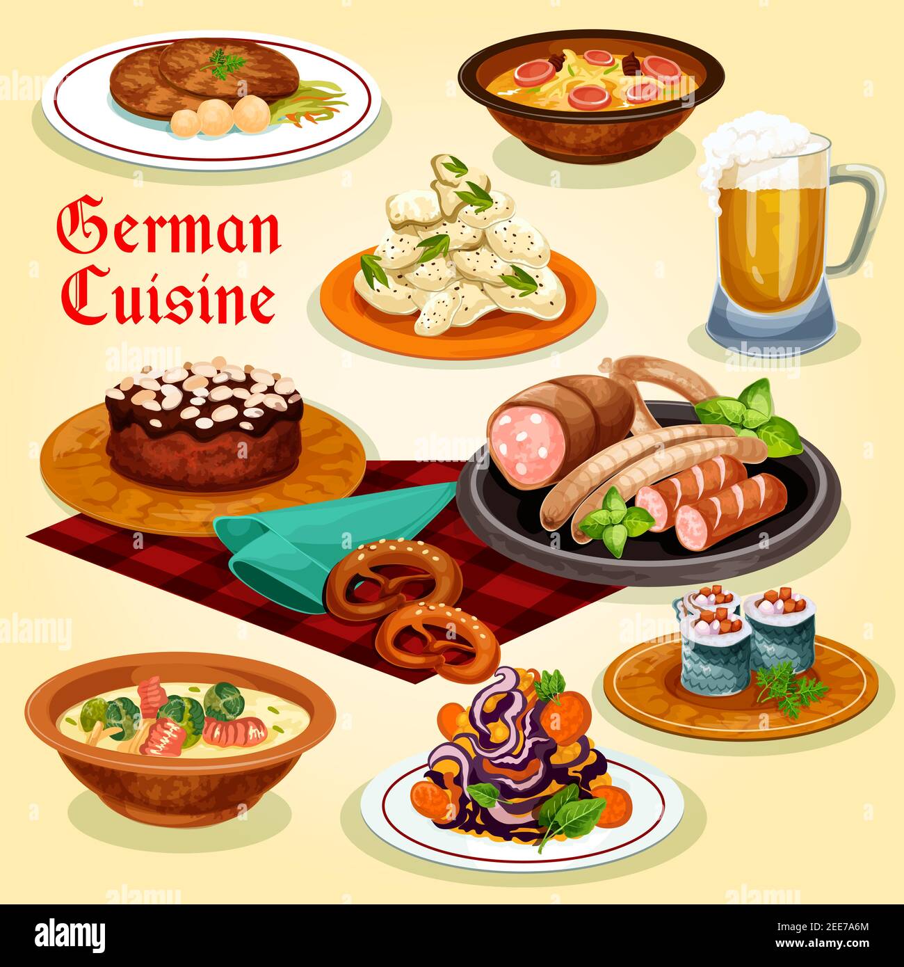 Deutsche Küche Cartoon-Ikone mit nationalen Gerichten. Wurst, Bier und ...