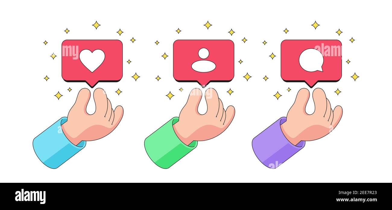 Human Cartoon Hand gibt weg Blase Benachrichtigung mit wie, Follower ... Human Cartoon Hand gibt weg Blase Benachrichtigung mit wie, Follower ...