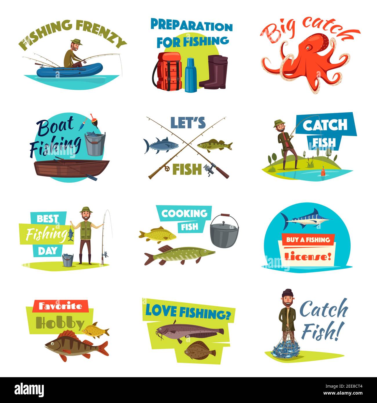 Angeln isoliert Cartoon Icon Set. Boot und Bank Angeln Symbol des ...