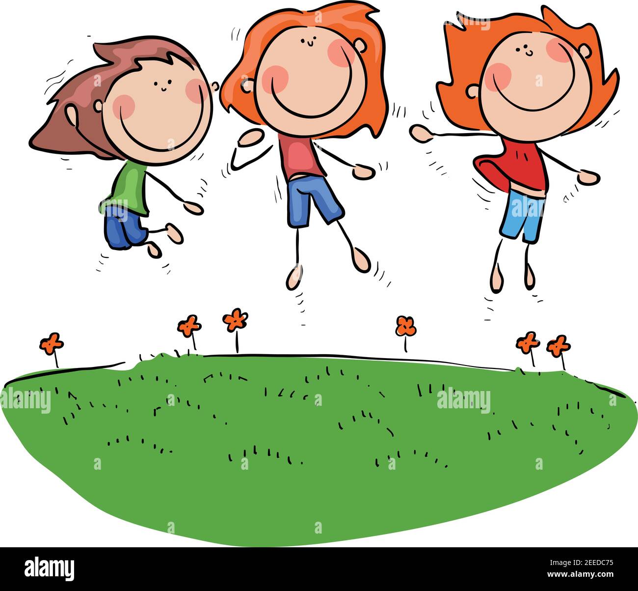 Hand gezeichnet Cartoon Kinder springen zusammen im Freien. Stock ...