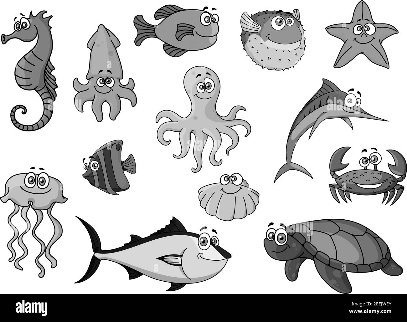 Cartoon Meer und Meerestiere. Vektor-Symbole von Seepferdchen und ...