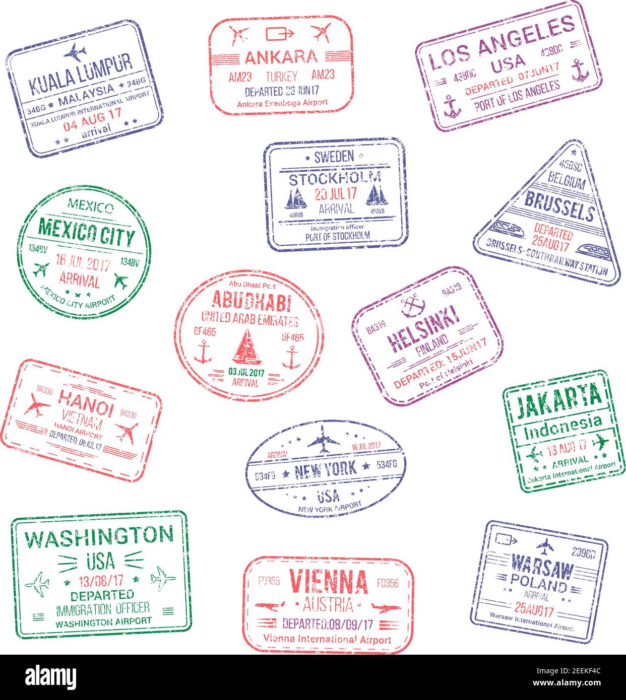 Reisepass Stadtnamen Stempel Satz. Kuala Lumpur, Ankara oder Amerika ...