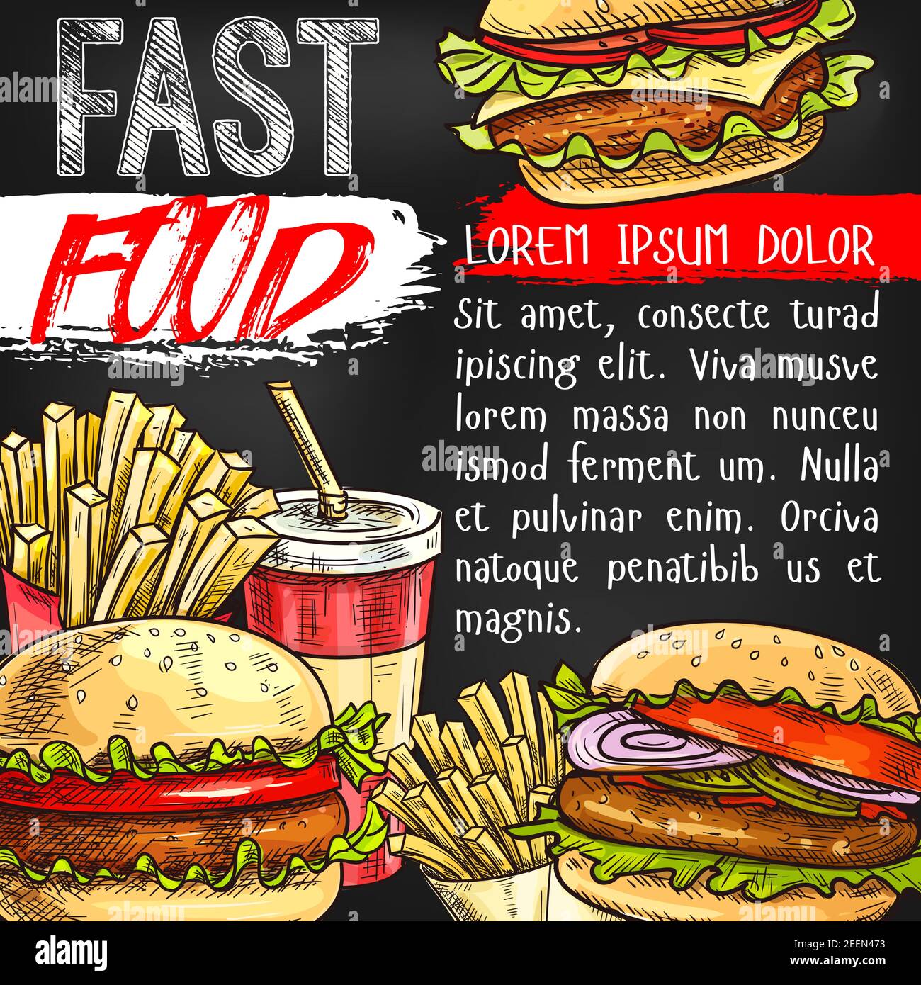 Fastfood-Poster mit Snacks, Desserts und Sandwiches. Vector Skizze ...