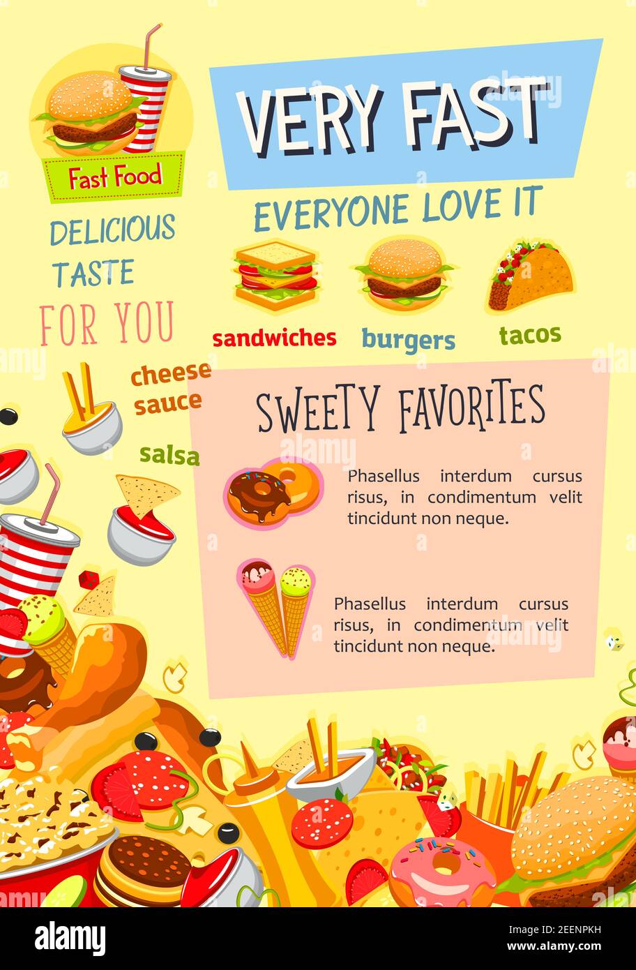 Fastfood-Poster-Vorlage für Fastfood-Restaurant-Menü. Vector Snacks ...