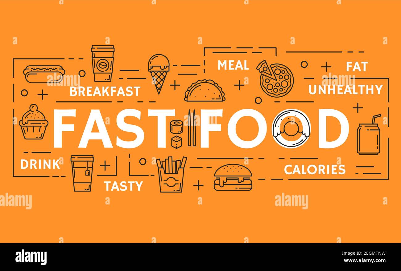 Fastfood-Poster mit dünnen Linien-Symbolen. Vector Hot Dog Sandwich ...