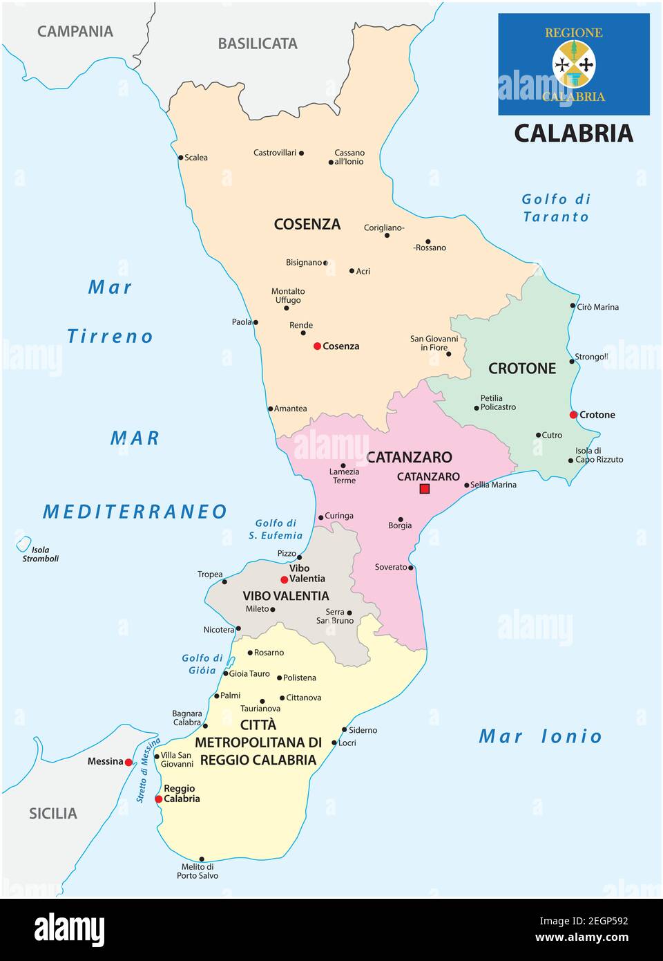Administrative vektorkarte von kalabrien mit flagge in italienischer ...