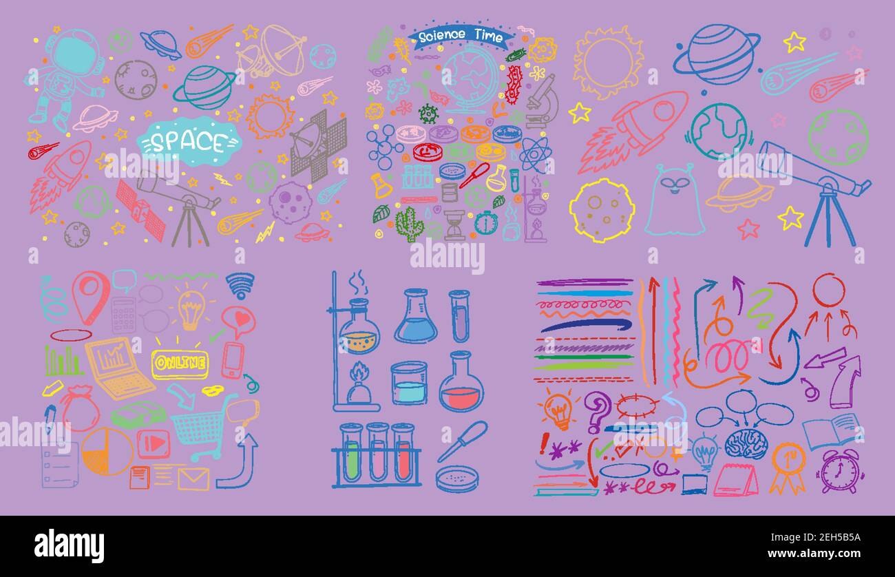 Satz von bunten Objekt und Symbol Hand gezeichneten Doodle auf Violette ...