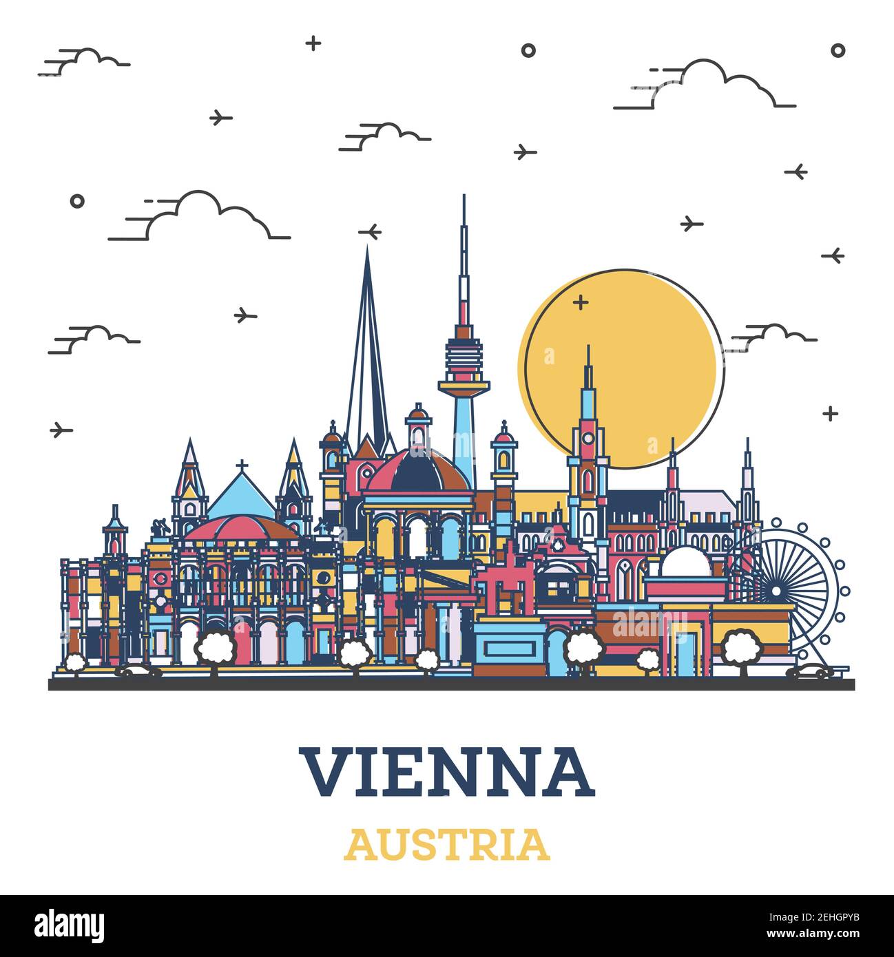 Umriss Vienna Austria City Skyline mit farbigen historischen Gebäuden ...