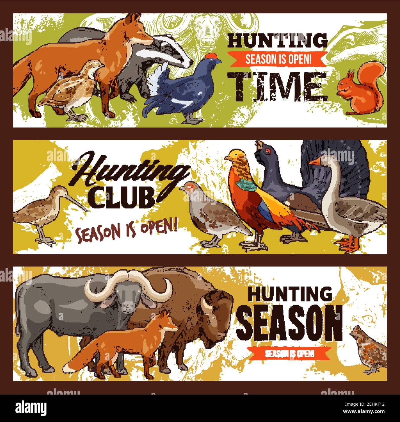 Jagdsaison und Jäger Club Banner, Tiere und Vögel. Gans, Fuchs und ...