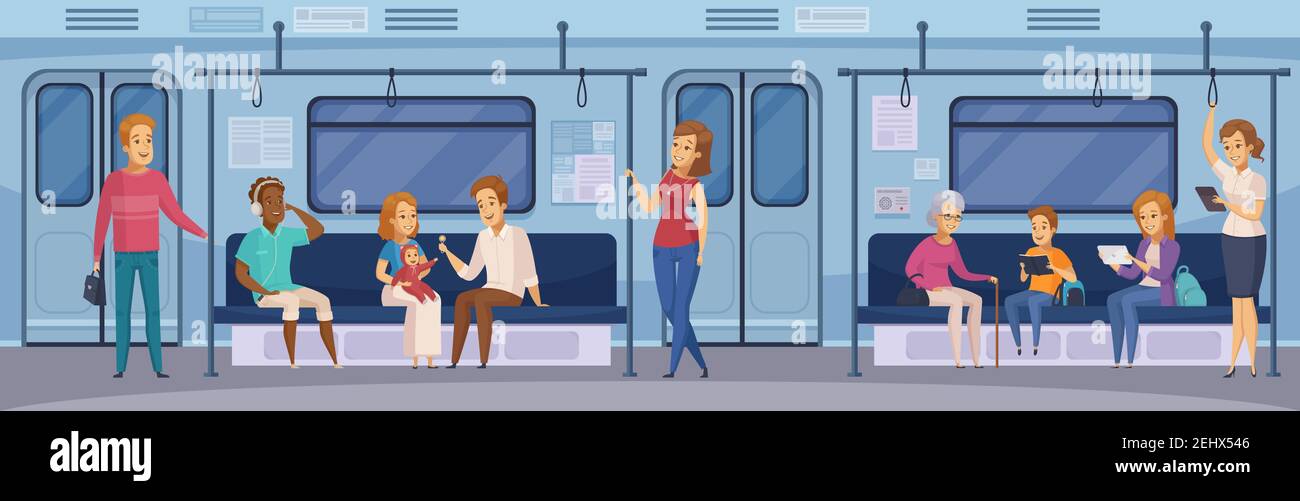 U-Bahn-U-Bahn-Auto Innenraum mit Pendler Passagiere sitzen Lesen ...