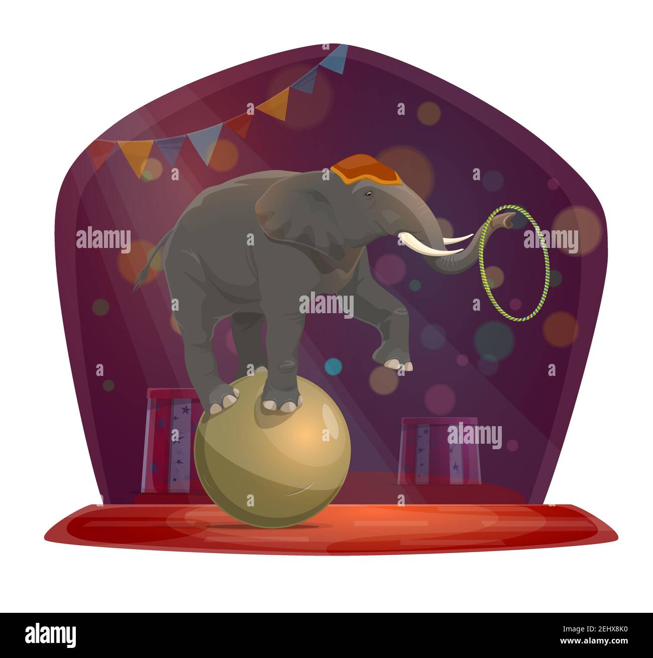 Chapiteau Zirkus, Elefant auf Ball halten Reifen mit Rüssel. Vektor ...