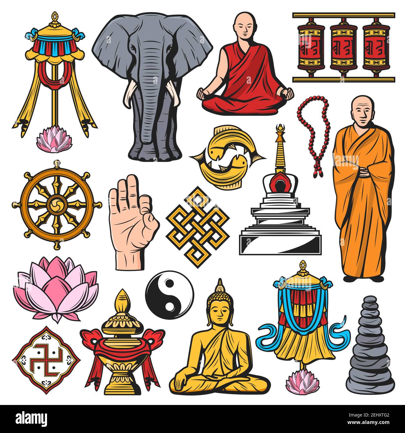 Buddhismus Religion, Vektor-Buddha und Lotusblume, Mönch und Meditation ...