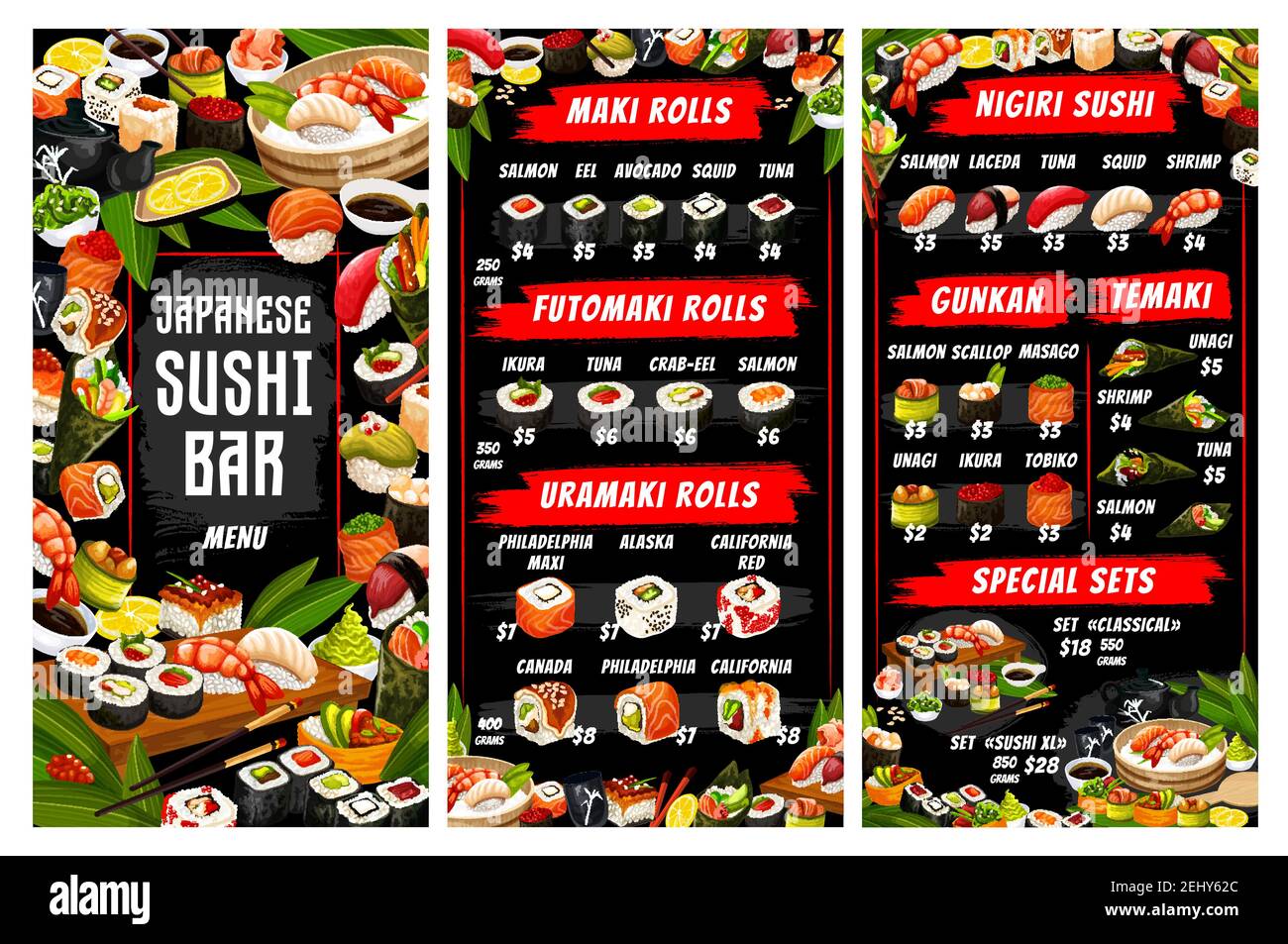 Sushi- und Brötchen-Menü, japanische Küche. Vector Maki und Nigiri ...