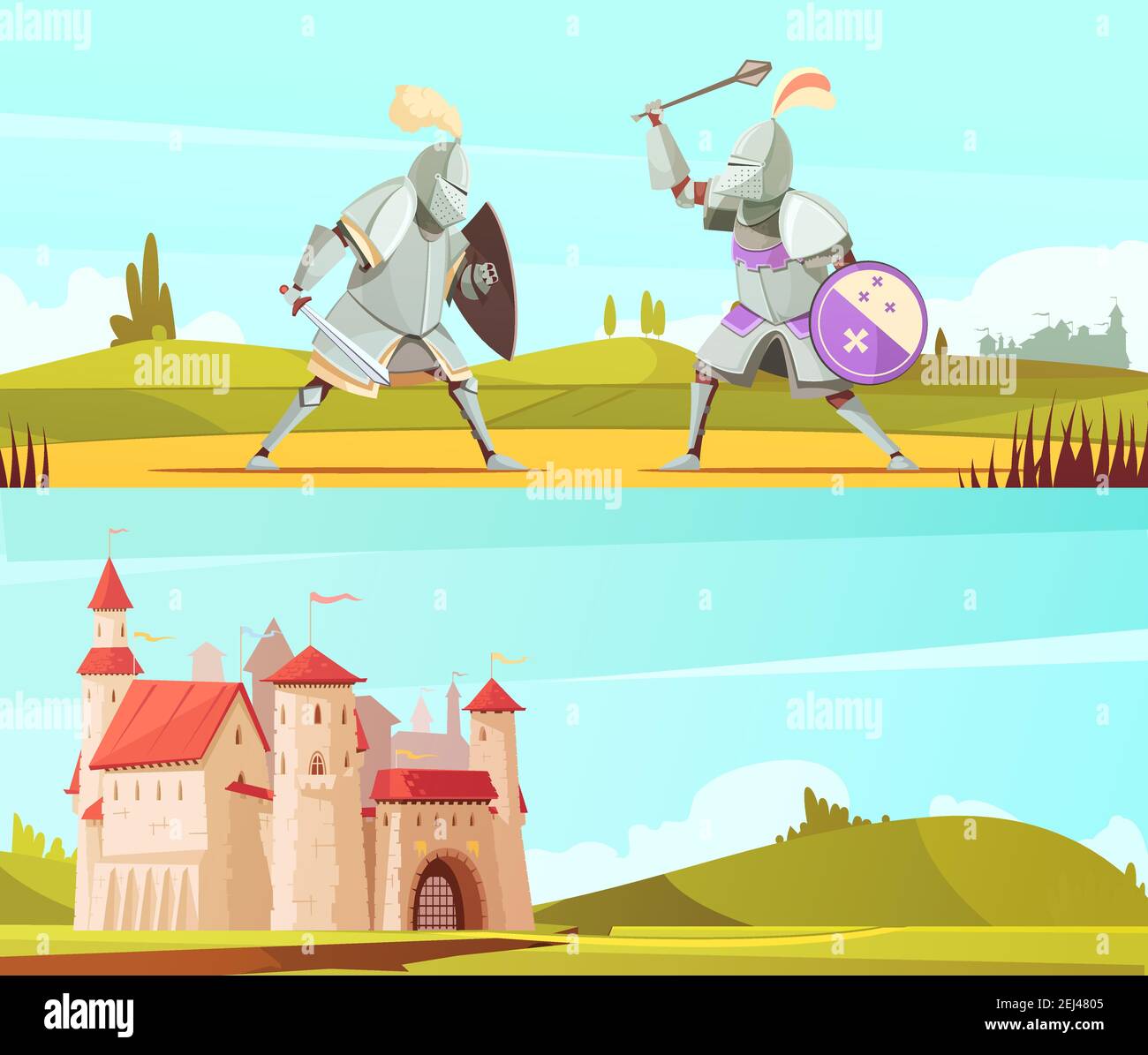 Mittelalterliche horizontale Cartoon-Banner mit Burg und kämpfenden ...