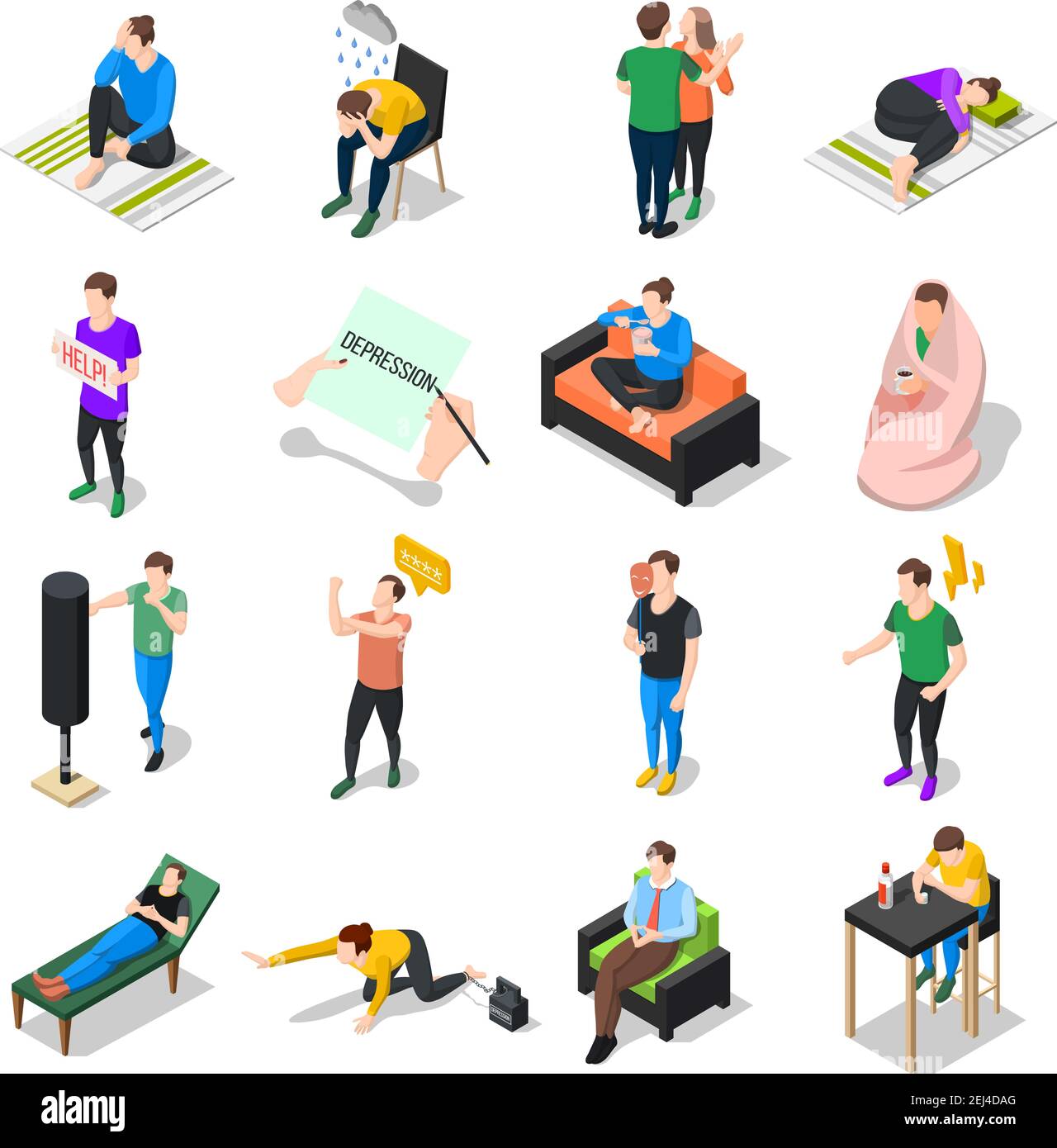 Stress und Depression Menschen isometrische Symbole Sammlung von isolierten Menschen Zeichen ...