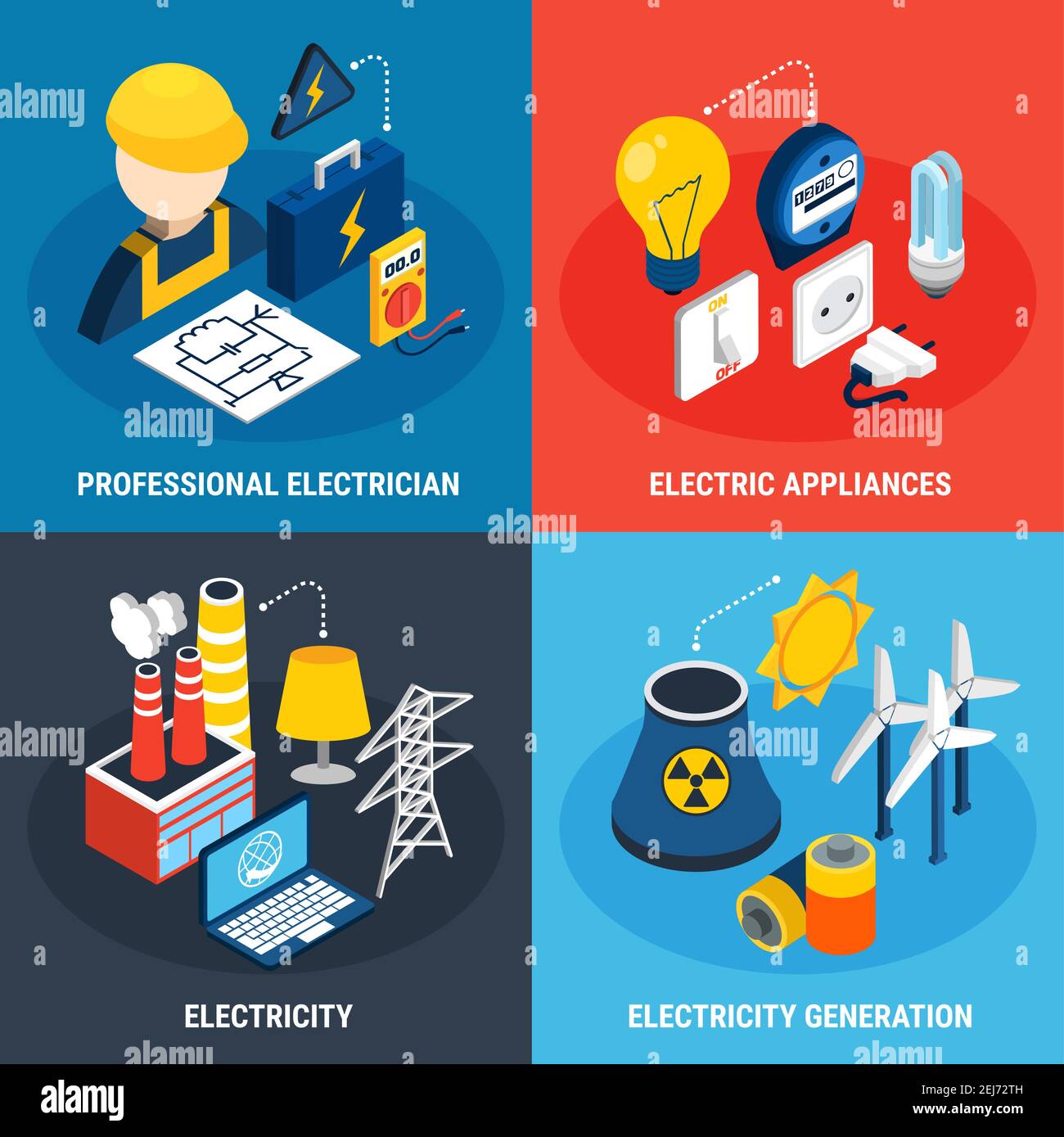 Vier Strom isometrische 3D Icon-Set mit professionellen Elektriker ...