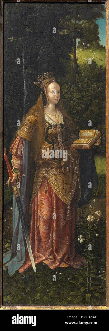 Heilige Katharina. Heilige Familie mit Engeln und Heiligen Katharina und Barbara (Triptychon ...