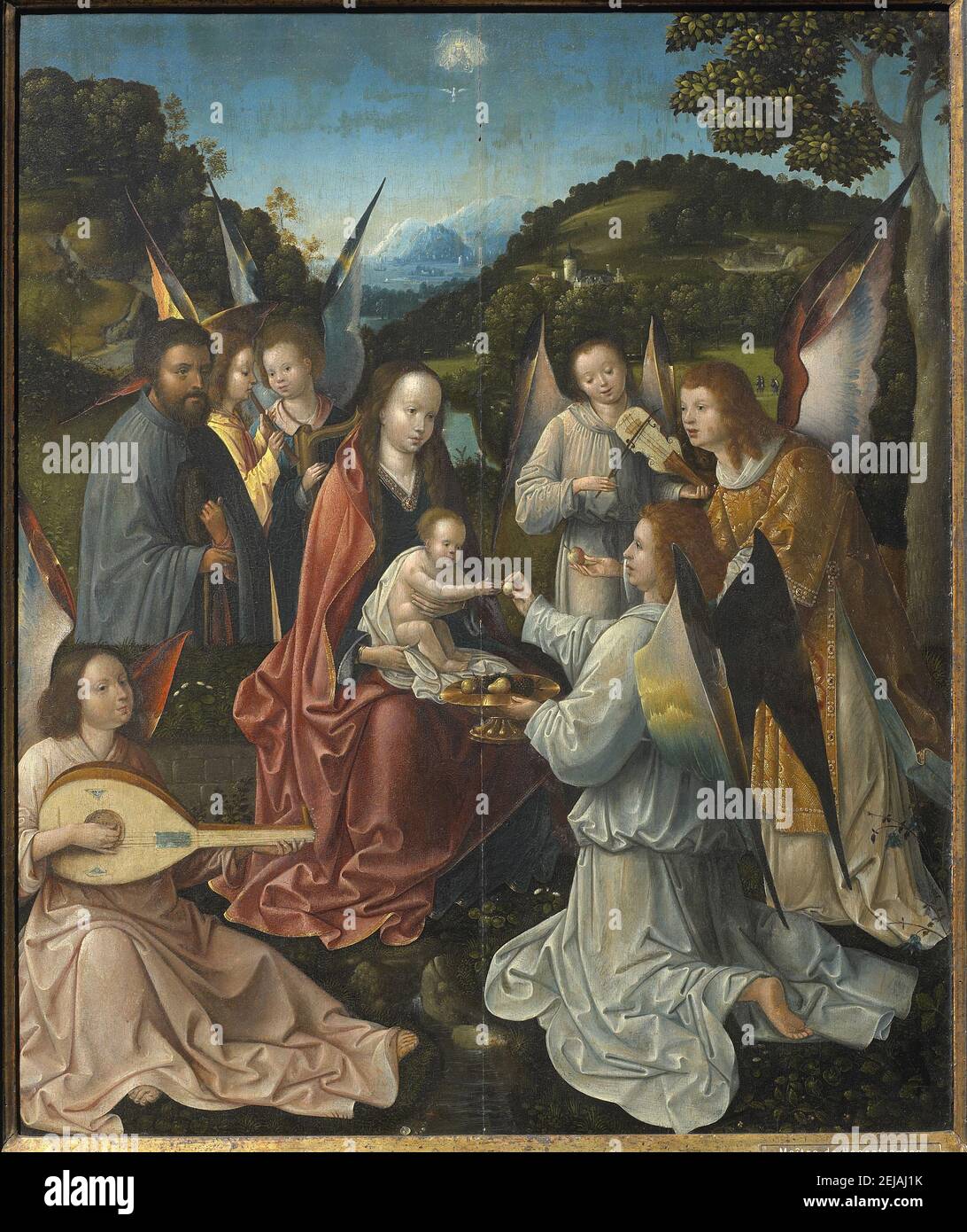 Heilige Familie mit Engeln und Heiligen Katharina und Barbara (Triptychon, zentrale Tafel ...