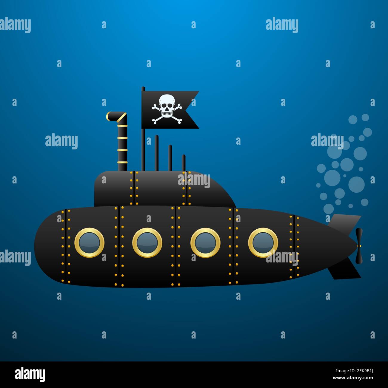 Schwarzes Piraten-U-Boot unter dem Wasser. Flagge von Jolly Roger ...