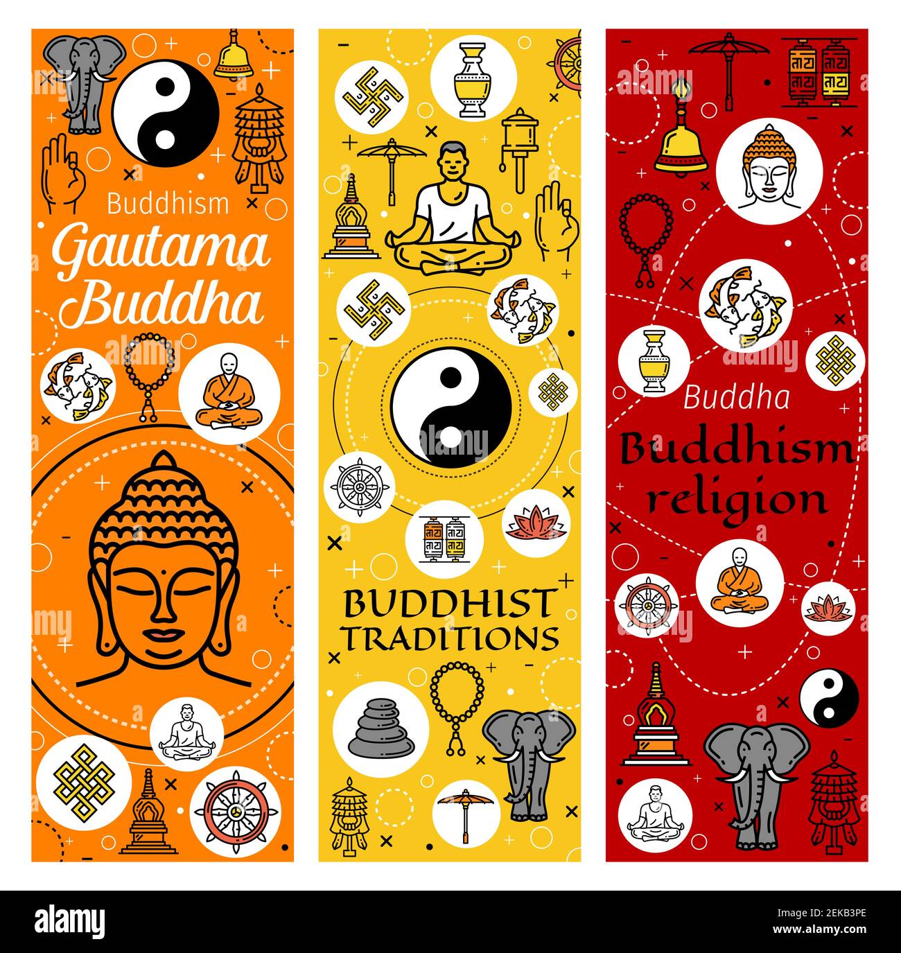 Buddhismus Religion Banner der buddhistischen Meditation und buddhistischen Tradition Ikonen ...