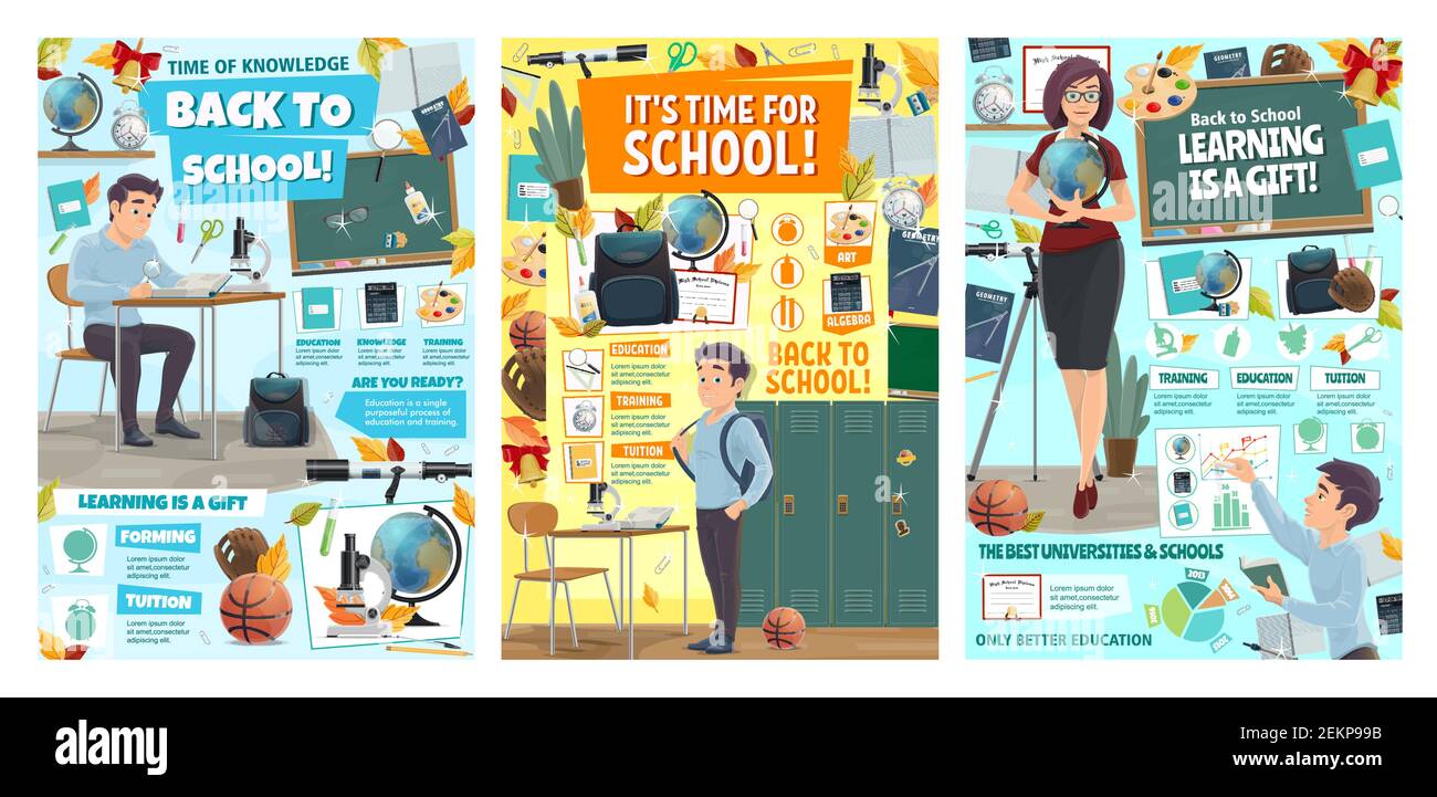 Zurück zu Schulplakate für Schulzeit und Wissen lernen. Vector Schüler ...