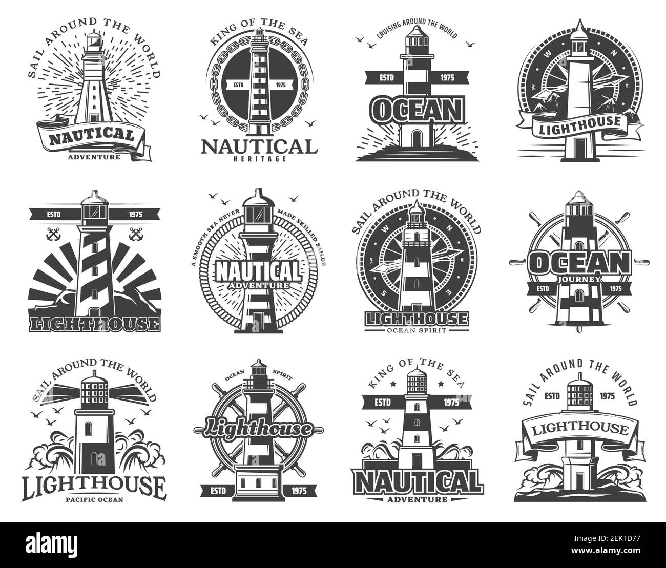 Leuchtturm, Anker und Schiffsruder heraldische Ikonen. Vektor marine ...