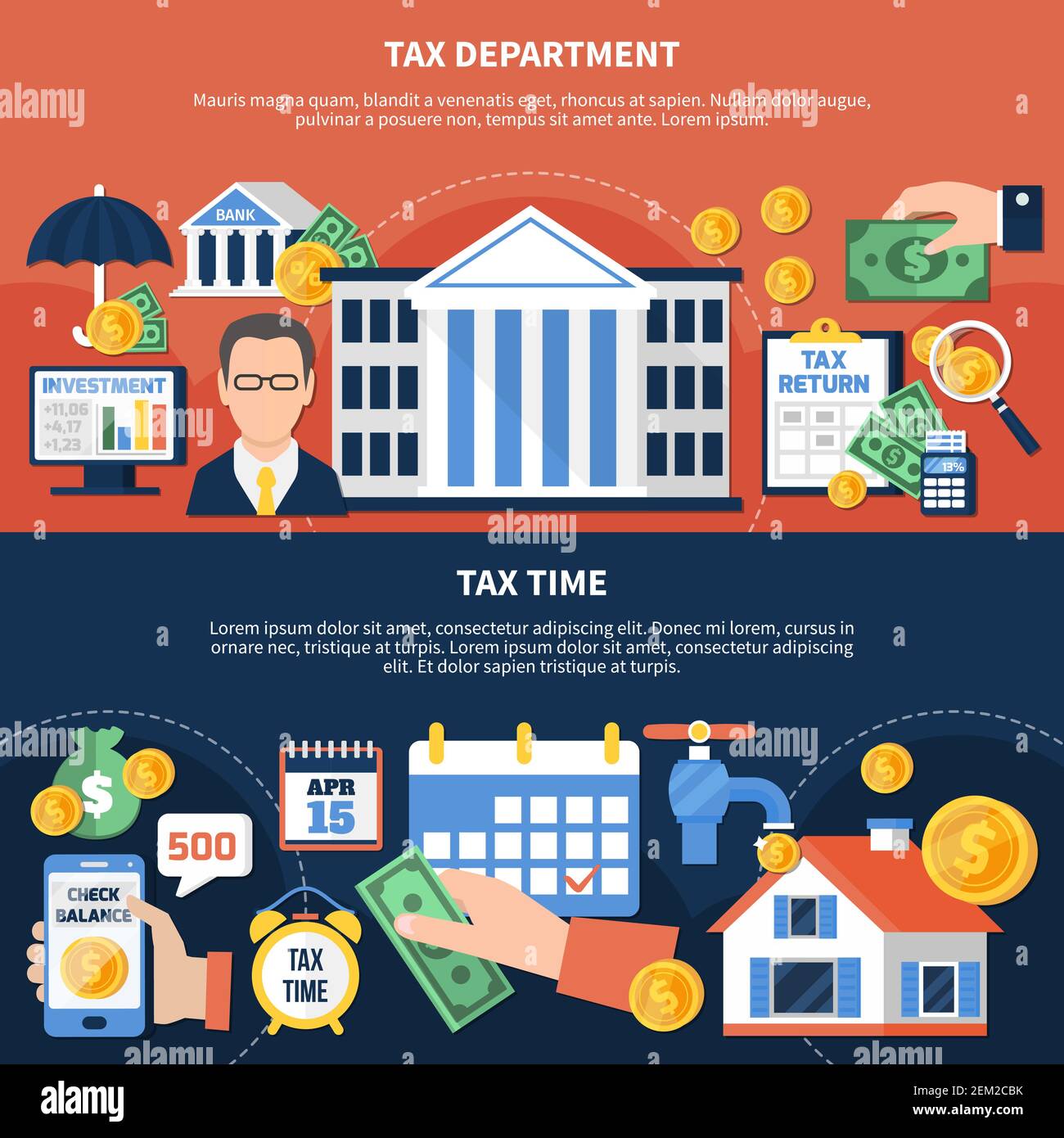 Flache horizontale Banner mit Finanzabteilung und Steuerzeit auf Rote und schwarze Hintergrund ...