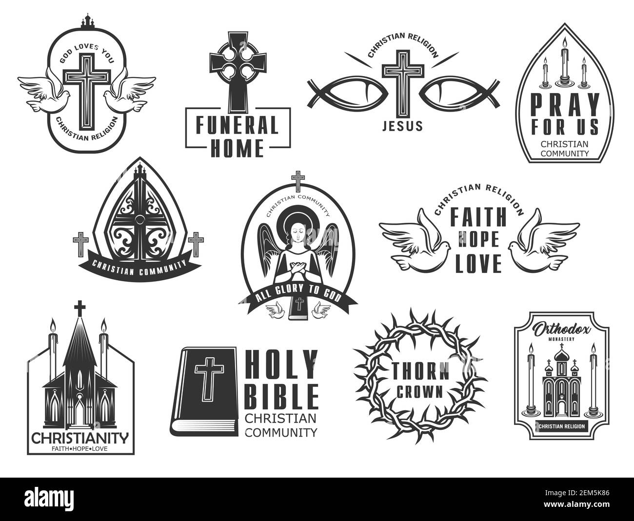 Christliche Religion isoliert Vektor-Symbole gesetzt. Kreuz mit Tauben ...