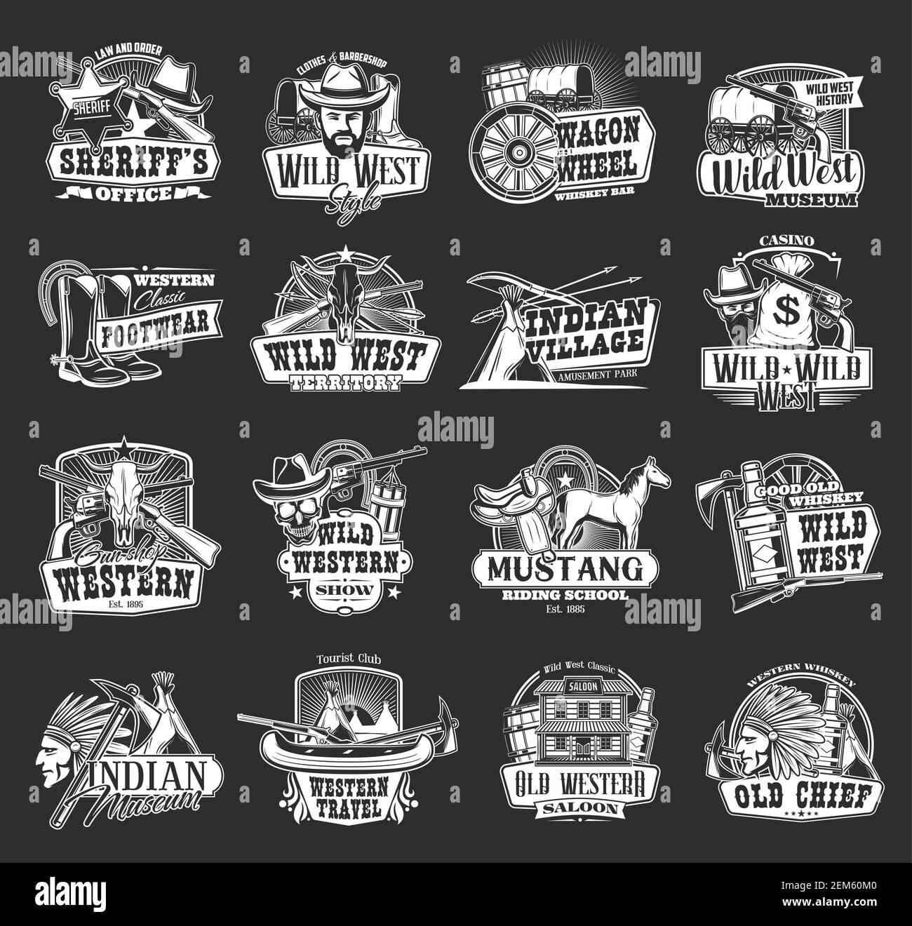 Wild West und Western Vektor-Symbole. Cowboy, Sheriff und Stier Schädel ...