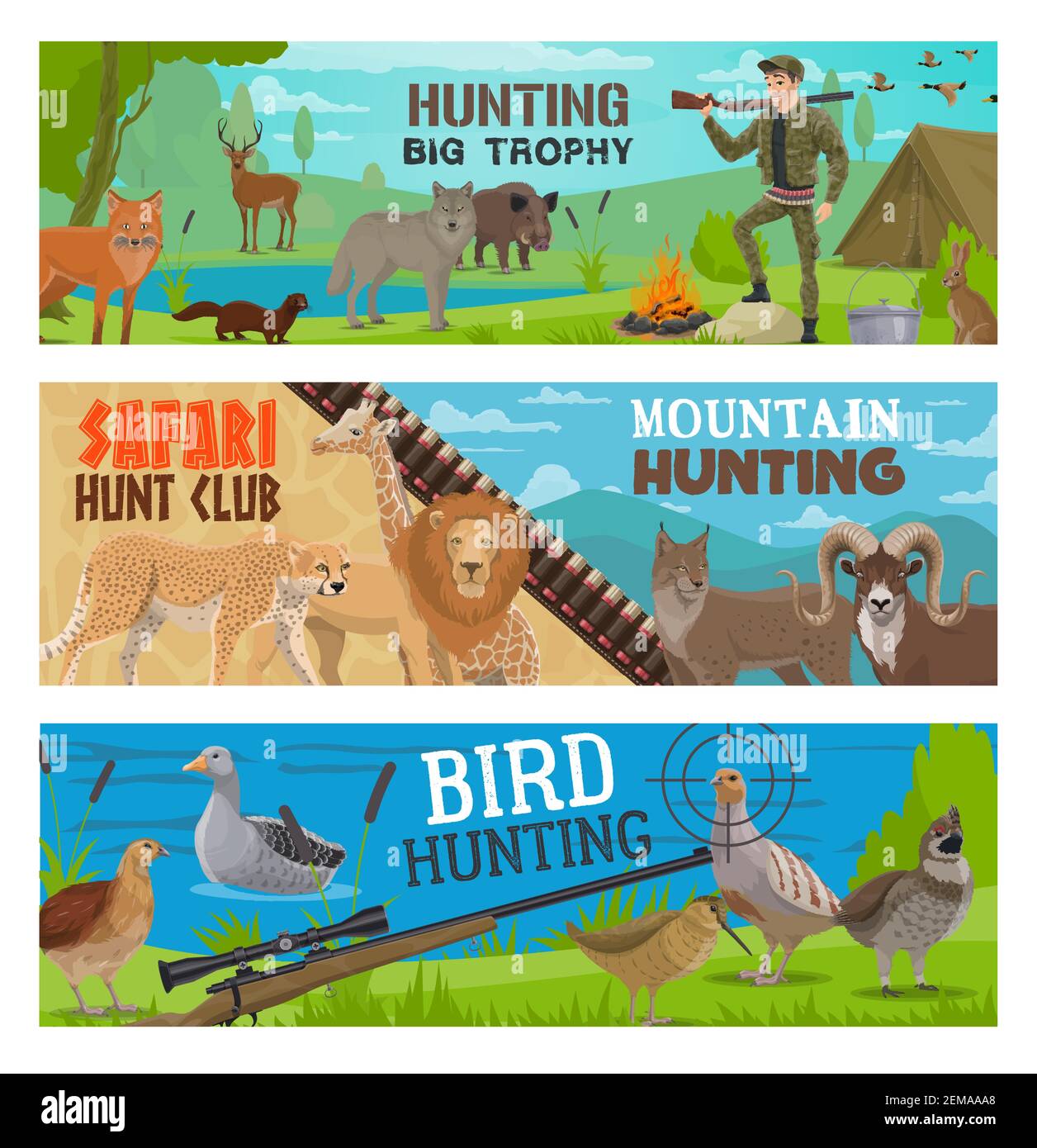 Jagd Sport Vektor Banner von Jäger, Gewehr, Tier und Vogel ...